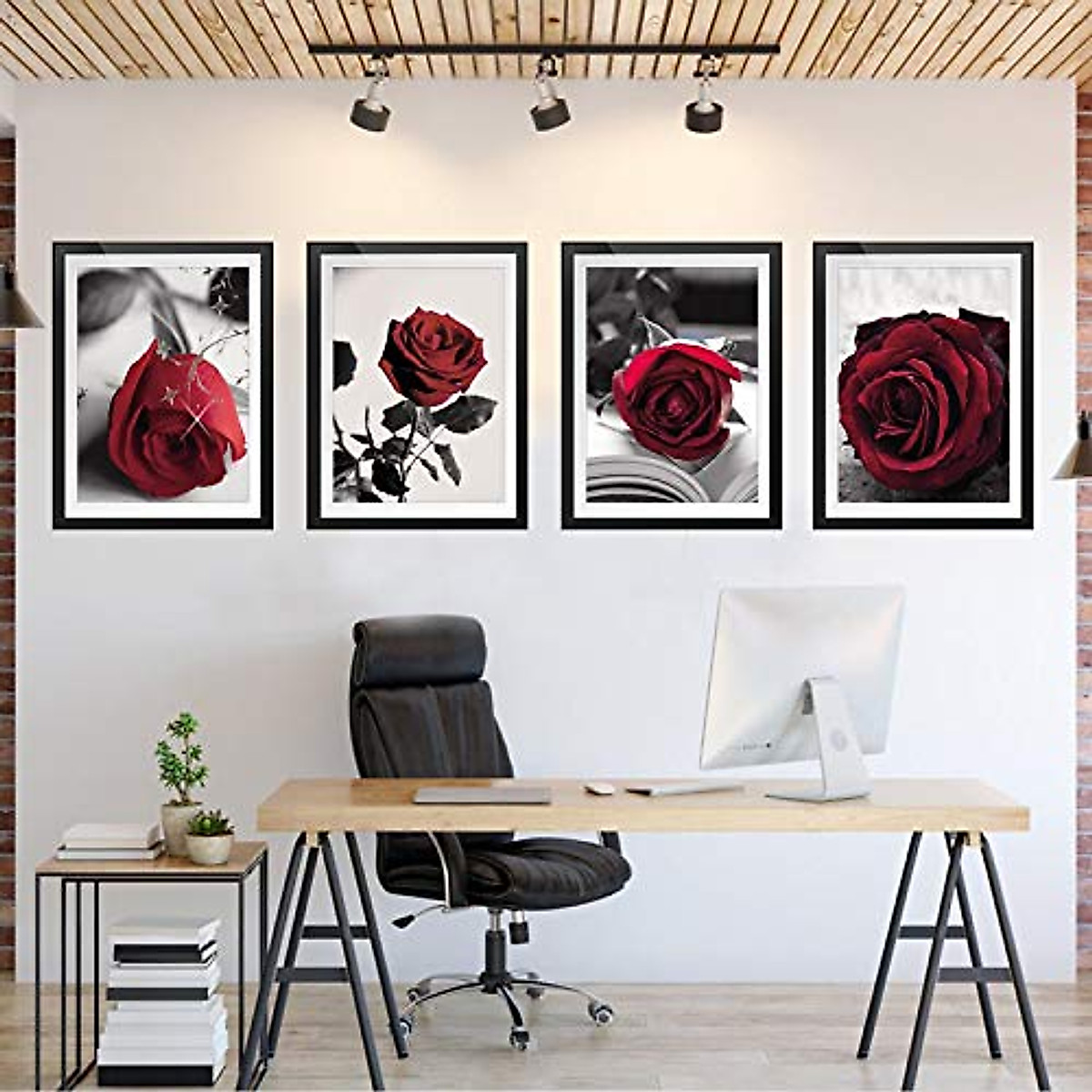 FWK Modern Black And White Photo Wall Art Red Rose Wall Art Paintings Set of 4 Rosy Floral Photo Decor for Bedroom Living Room Home Decor Gift Frameless (8 inchX10 inch Canvas Picture)