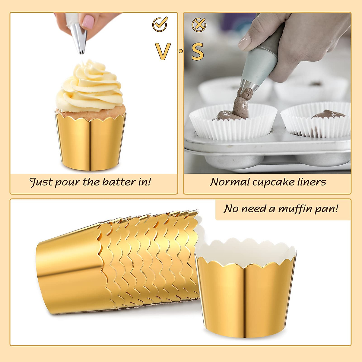 100 Pcs Foil Cupcake Liners Sturdy Muffin Baking Cups Cupcake Wrappers for Christmas Wedding Birthday Party Decoration, 1.93 x 1.8 Inch (Gold)