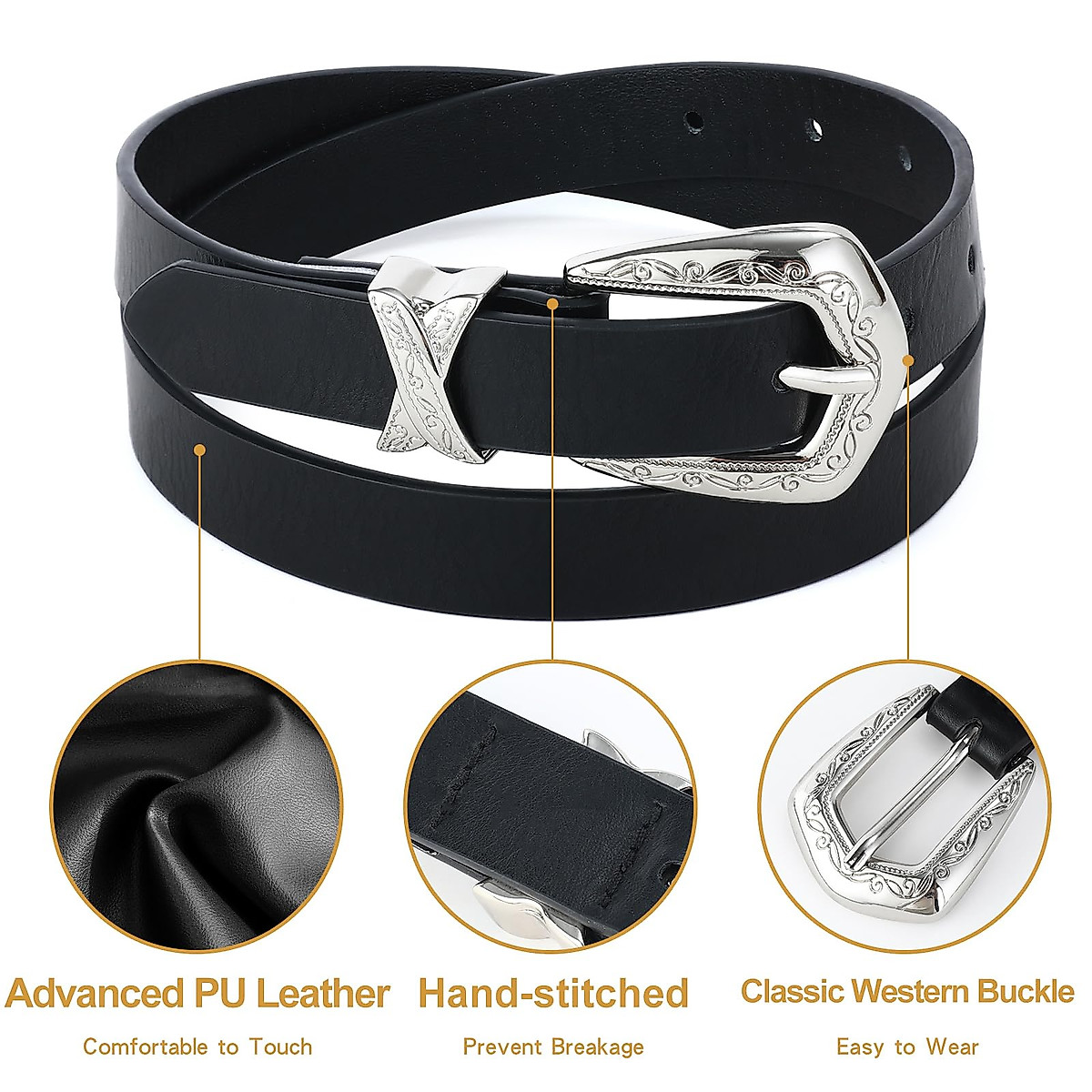 RISANTRY Western Belt for Women Ladies Cowgirl Skinny Country Belt for Pants Jeans, Womens Black Thin Belts