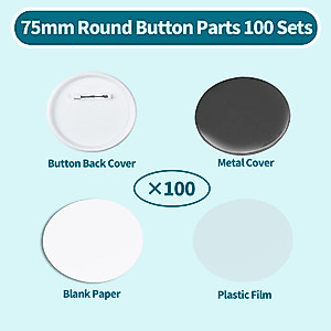 Happizza 100 Sets 75mm(3 inch) Button Parts for Button Maker Machine 75mm, Round Badge Button Making Supplies Blank Pin Back, includes Metal Cover, Plastic Button Back Cover, Clear Film&Blank Paper