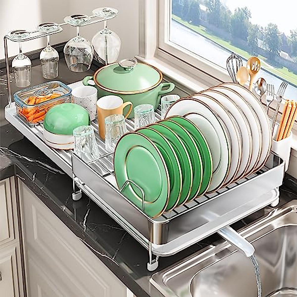 Dish Drying Rack - Expandable Dish Rack - Large Stainless Steel Dish Dryer Racks for Kitchen Counter with Wine Glass Holder, Cutlery Holder, White