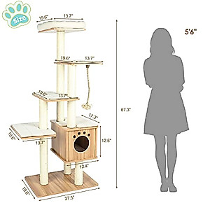 Arlopu Modern Wooden Cat Tree Tower, Cat Condo Furniture with Multi-Layer Platform, 67.3" Tall Large Cat Climbing Stand with Sisal Rope Scratching Post, Washable Plush Cushion for Kittens/Large Cats