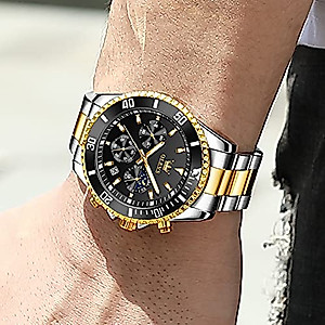 OLEVS Black Gold Watches for Men Classic with Date Business Dress Chronograph Big Face Reloj para Hombre Waterproof Luminous Mens Wrist Watch Analog Party Fashion Stainless Steel Man Watch