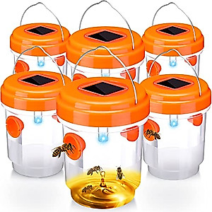 Wasp Trap Solar Powered Bee Trap Reusable Fly Traps Outdoor Hanging Wasp Killer with UV LED Light Flying Insects Bee Killer for Indoor Outdoor Patio Garden Home (Orange, 6 Packs)