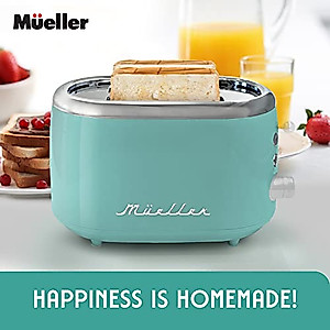 Mueller Retro Toaster 2 Slice with 7 Browning Levels and 3 Functions: Reheat, Defrost & Cancel, Stainless Steel Features, Removable Crumb Tray, Under Base Cord Storage, Turquoise