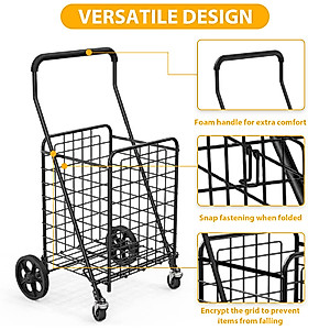 Kiffler Grocery Shopping Cart with 360° Rolling Swivel Wheels Utility Cart Easily Collapsible Cart 66lb Extended Foam Cover, Trolley for Laundry,Groceries,Travel Black (Medium)
