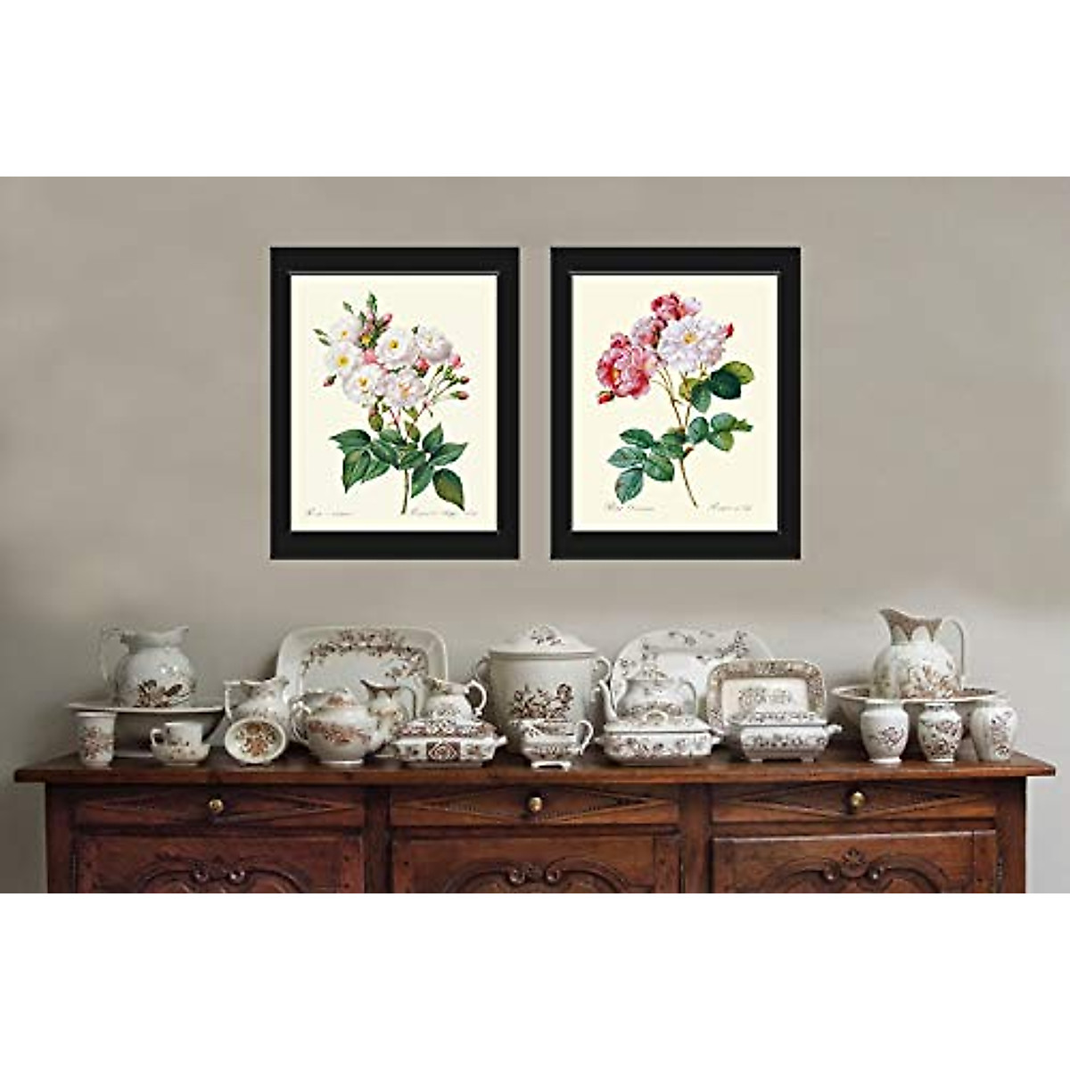 Botanical Pink White Roses Prints - Unframed - Beautiful Antique Illustration Wall Art Set of 2 Prints French Flowers Home Room Decor Small or Large Dining Room Bedroom Living Interior Design LRR