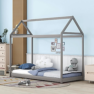 Twin Size House Bed, Wooden Daybed, Floor Bed for Toddlers, Teens, Girls, Boys, Kids House Bed Frame Can Be Decorated (Gray)