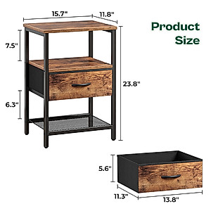 Huuger Night Stand with Fabric Drawer, Side Table with Mesh Shelf, Bedroom Nightstand, Fabric Drawer Dresser, Open Shelf, Metal Frame, Couch Side, Rustic Brown
