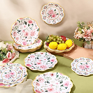 Pickmesh 60 Pack Floral Paper Plates 9 in and 7 in Flower Party Plates Pink Disposable Dessert Plates Wedding Plates Gold Foil Edge Tea Party Plates for Birthday Baby Shower Bridal Party Decor