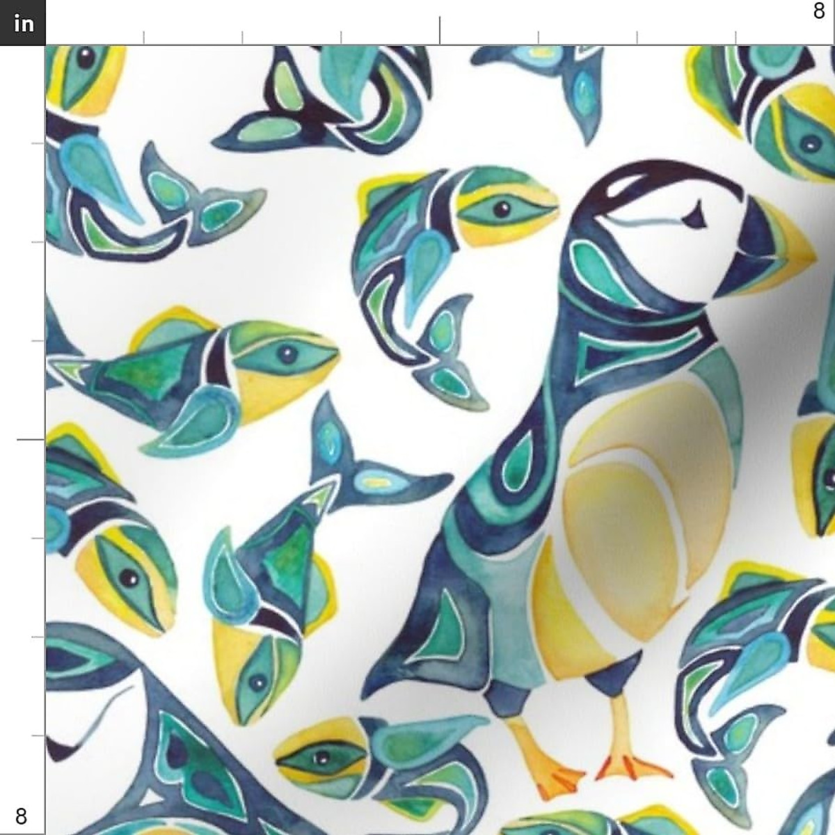 Spoonflower Fabric - Puffin Party Geometric Fish Boy Wildlife Puffins Art Tattoo Printed on Petal Signature Cotton Fabric Fat Quarter - Sewing Quilting Apparel Crafts Decor