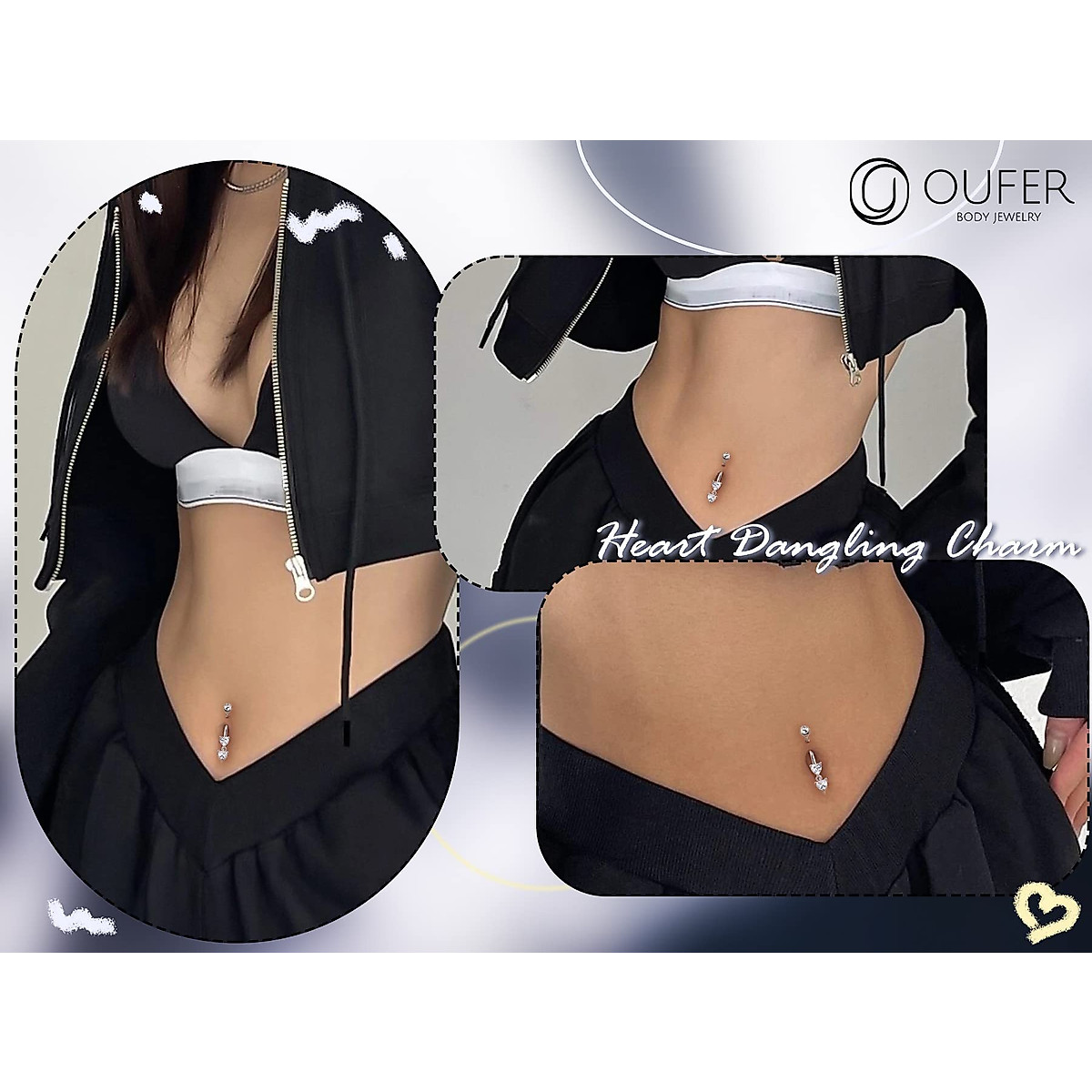 OUFER 14G Belly Rings, Dangle Belly Button Ring, 925 Sterling Silver Heart Belly Piercing Jewlery, Clear CZ Navel Piercing Jewelry for Women Men