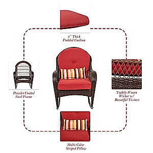 Sundale Outdoor Rocking Chair, Patio Wicker Rocker Chair with Olefin Cushions and Pillow, Rocking Lawn Chair Wicker Patio Furniture - Steel Frame, Brown, Red