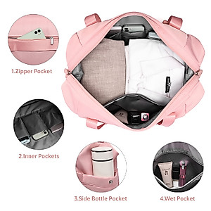 Travel Bags for Women, Weekender Bag with Shoe Compartment, Gym Tote Bags with USB Charging Port,Overnight Duffle Bag with Trolley Sleeve, Pink
