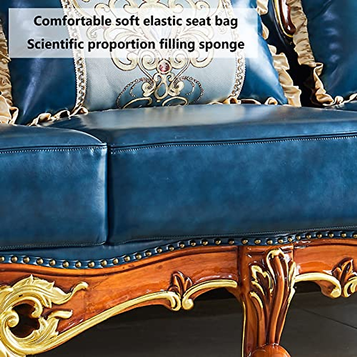 DEKIST European-Style Leather Sofa, Solid Wood Carved Luxury American-Style Villa Sofa, Living Room Furniture Combination Single Sofa is Suitable for Villas, Clubs, Apartme