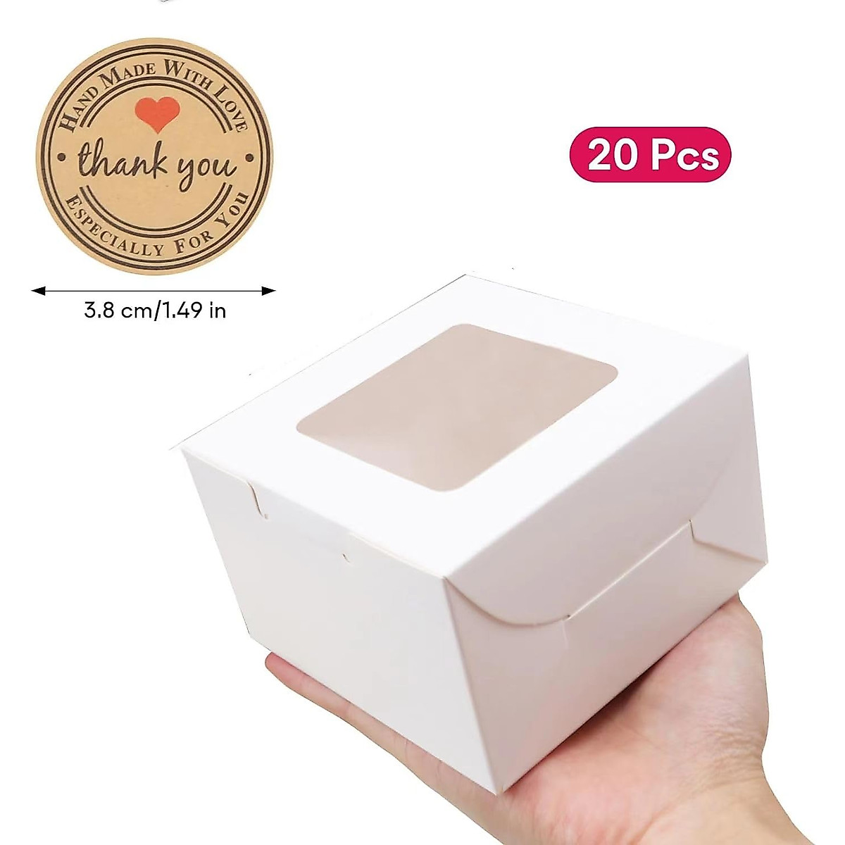 AISEY 4x4x2.5 Inches White Bakery Boxes with Window, Cookie Boxes, Mini Cake Boxes, Dessert, Pastry, Small Treat Boxes, 20 Pcs
