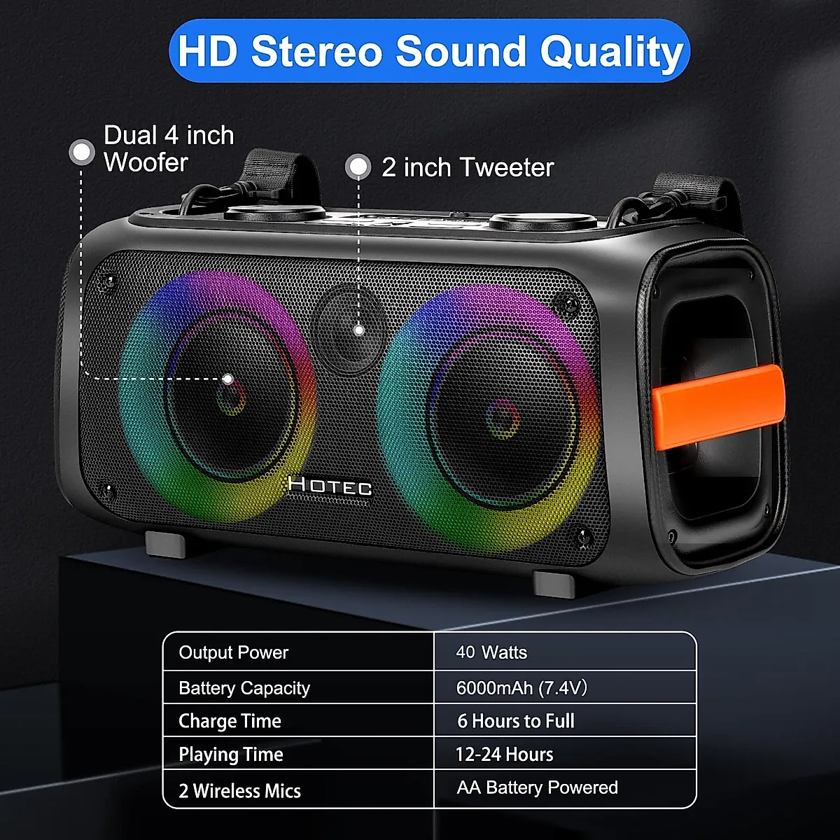 Hotec Karaoke Machine - Portable Bluetooth PA Speaker with Two Wireless Microphones, LED Party Lights, TF Card/USB Music, AUX Input, REC, and TWS for Adults and Kids