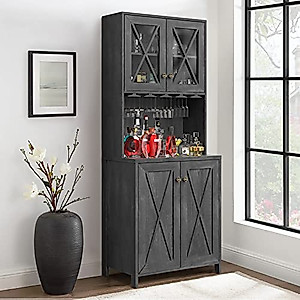 YITAHOME Farmhouse Bar Cabinet for Liquor and Glasses, Dining Room Kitchen Cabinet with Wine Rack, Upper Glass Cabinet, Open Storage Shelves for Living Room, Hallway, Charcoal Grey