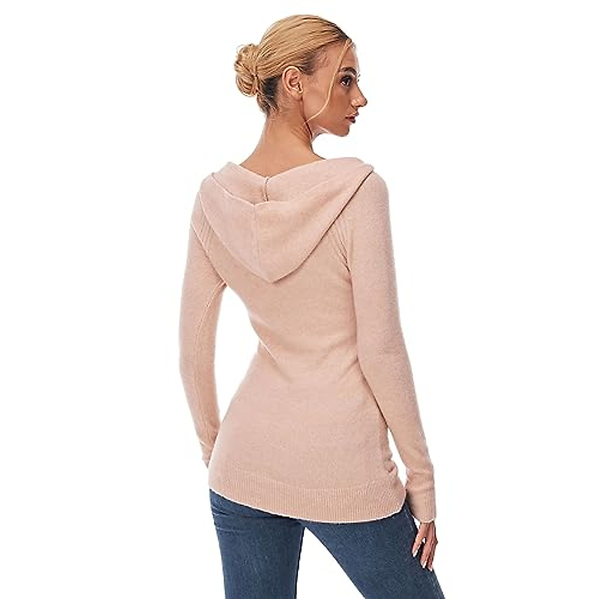 AmélieBoutik Women Hooded V Neck Raglan Long Sleeve Sweater Knit Top (Pink X-Large)
