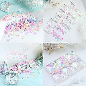 12 Grids Pink Laser Nail Glitter Sequins 3D Holographic Nail Glitter Flakes Sparkle Stars Moon Nail Sequins Heart Butterfly Nail Charms Accessories for Women DIY Eyes Nail Art Supplies Decorations
