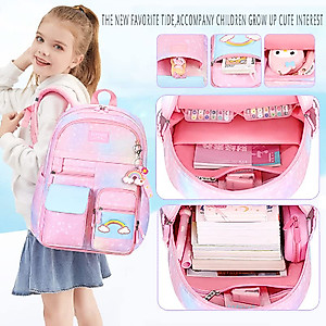 IHZZ Kawaii Backpack, Pink Backpack for Girls, Kid Starry Rainbow Bookbag, Cute Backpack for Kids, Aesthetic Backpack, Pink(3 PCS Set), 3 Pcs-set Pink Kawaii Backpack