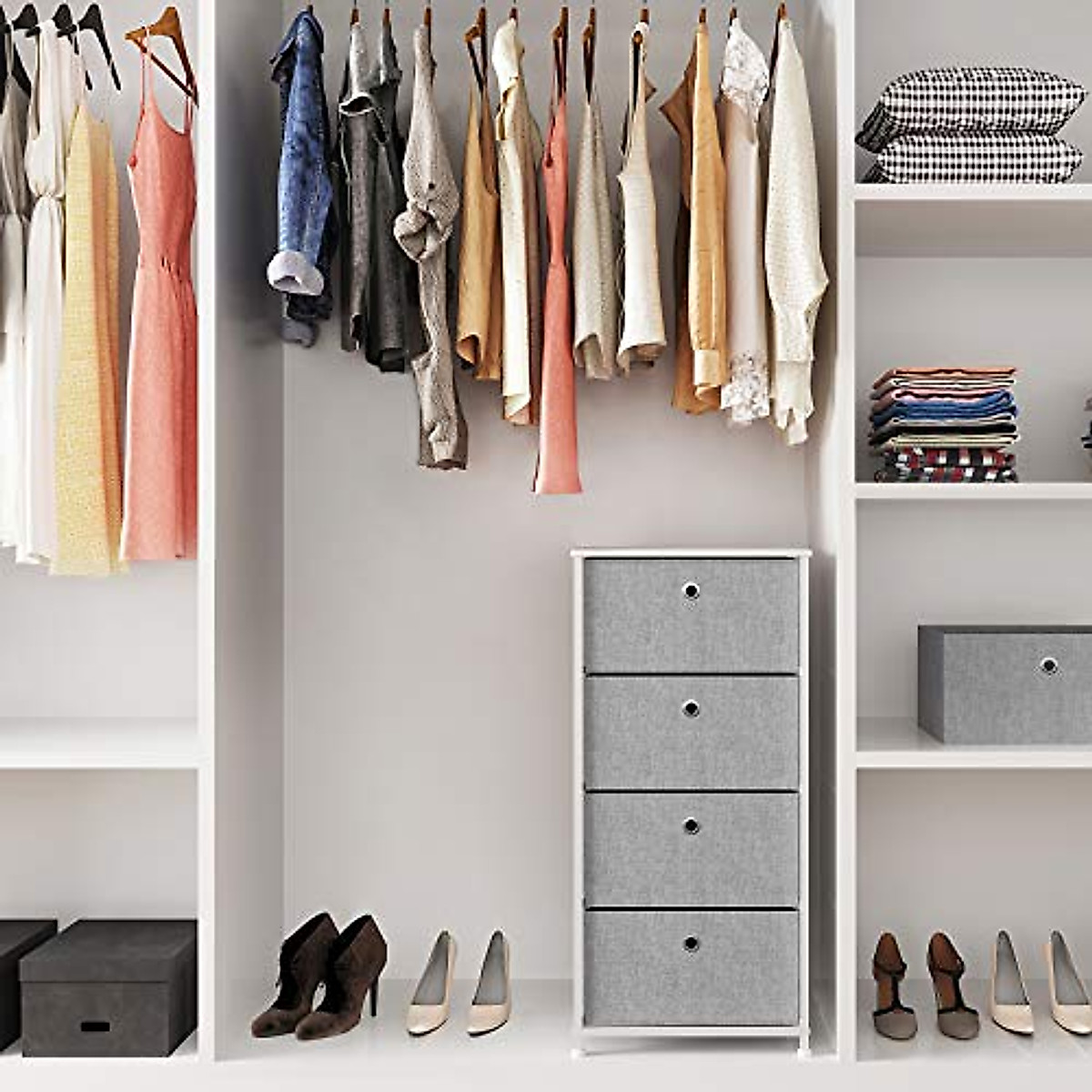 SONGMICS 3-Tier Closet Drawer, 31.5 x 11.8 x 24.8 Inches, Light Gray and White ULTS23W & 4-Tier Dresser Units Storage Cabinet with 4 Easy Pull Fabric Drawers, 17.7", Light Gray