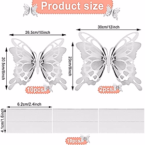 12 Pcs Large Butterfly Party Decoration Paper Butterfly in 2 Different Size 3D Butterfly Wall Decor Set Giant Butterfly for Birthday Baby Shower Nursery Girl Bedroom Wedding (Silver)