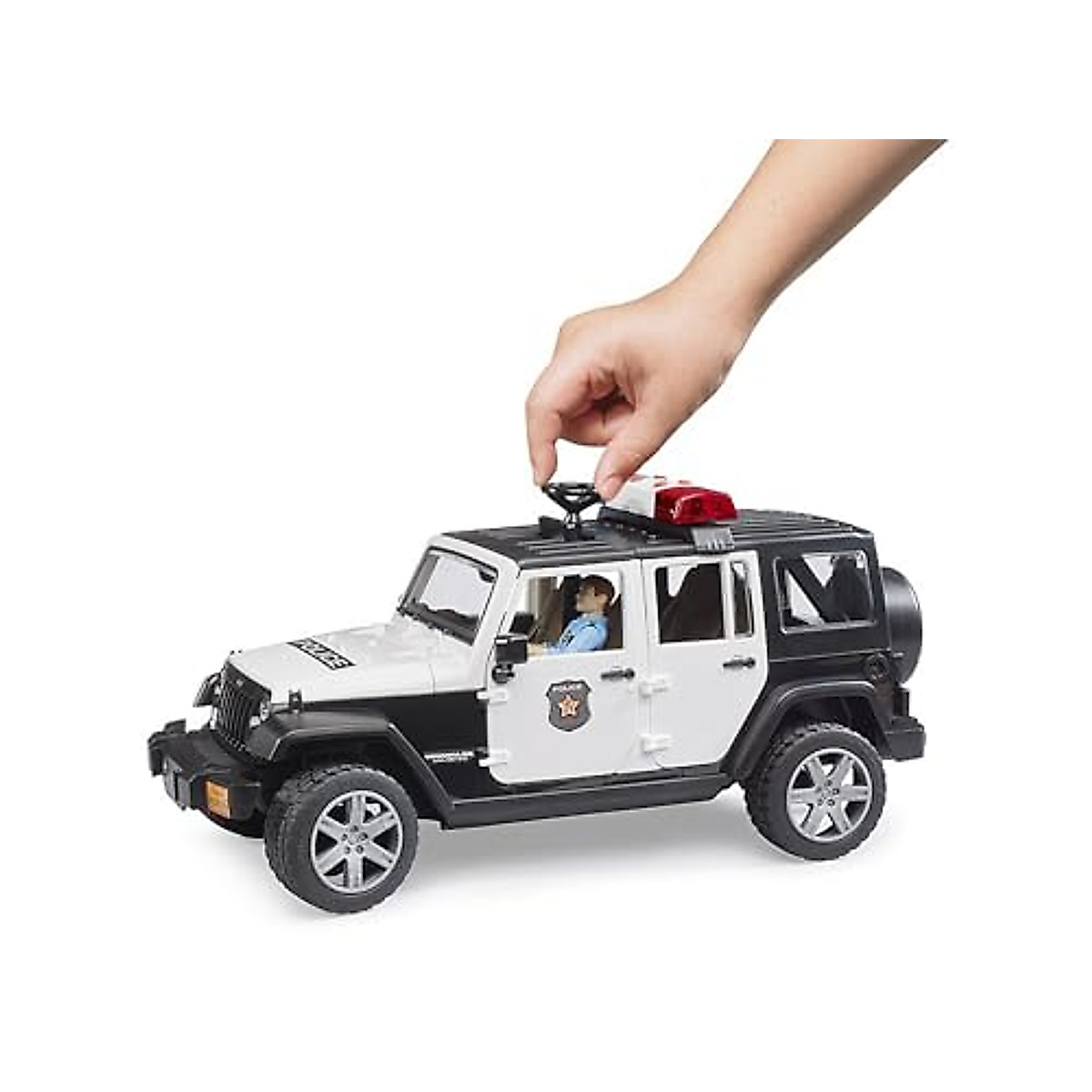 Bruder Toys - Emergency Realistic Jeep Wrangler Unlimited Rubicon Police Vehicle with Light Skintoned Policeman and Light and Sound Module with 4 Different Sounds - Ages 4+