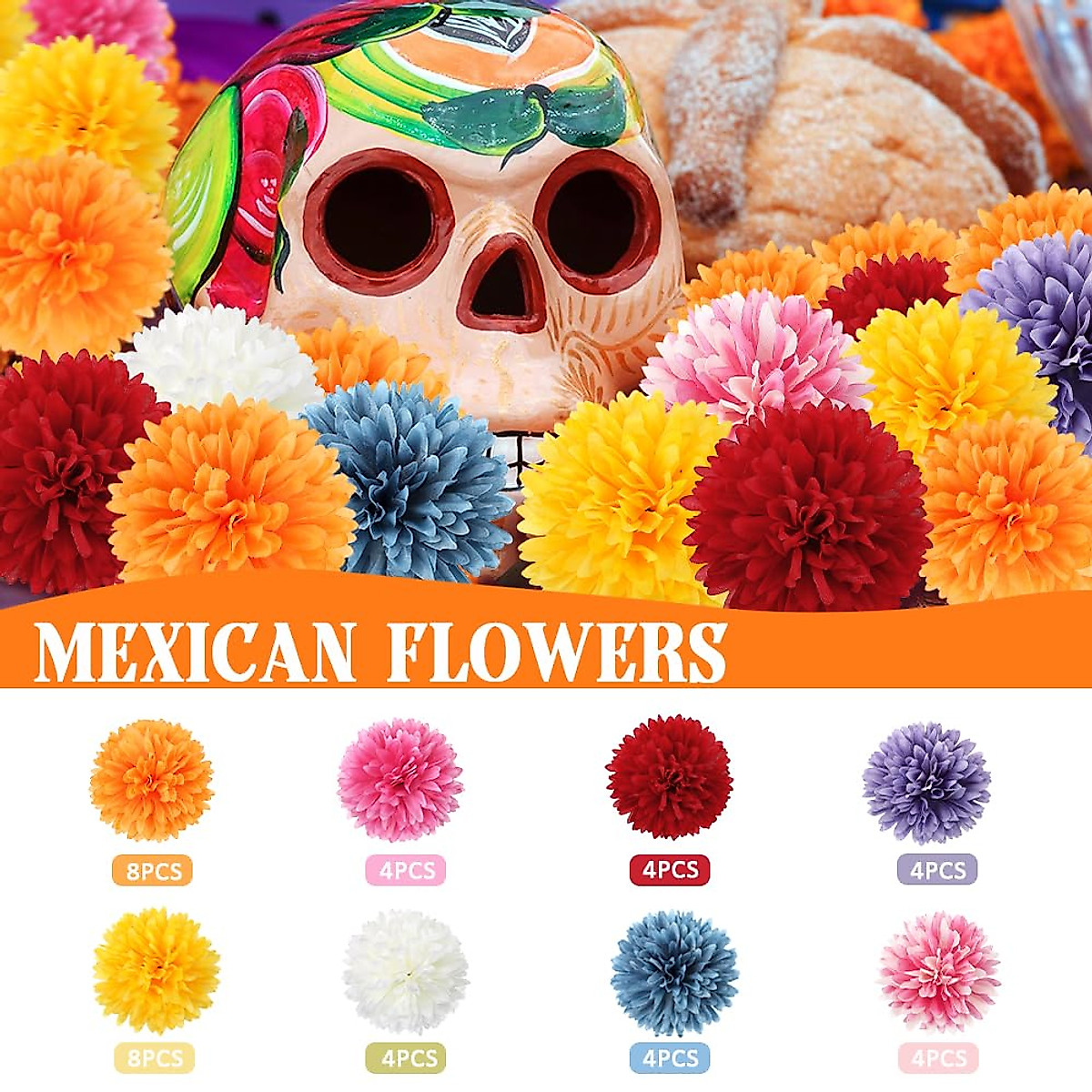 Marigold Flower Heads Bulk 40 Pcs, Faux Mexican Artificial Flowers for Day of the Dead Decorations - DIY Wreath Garland Craft indian wedding Diwali Home Dia De Los Muertos Decor Halloween(Multicolor)