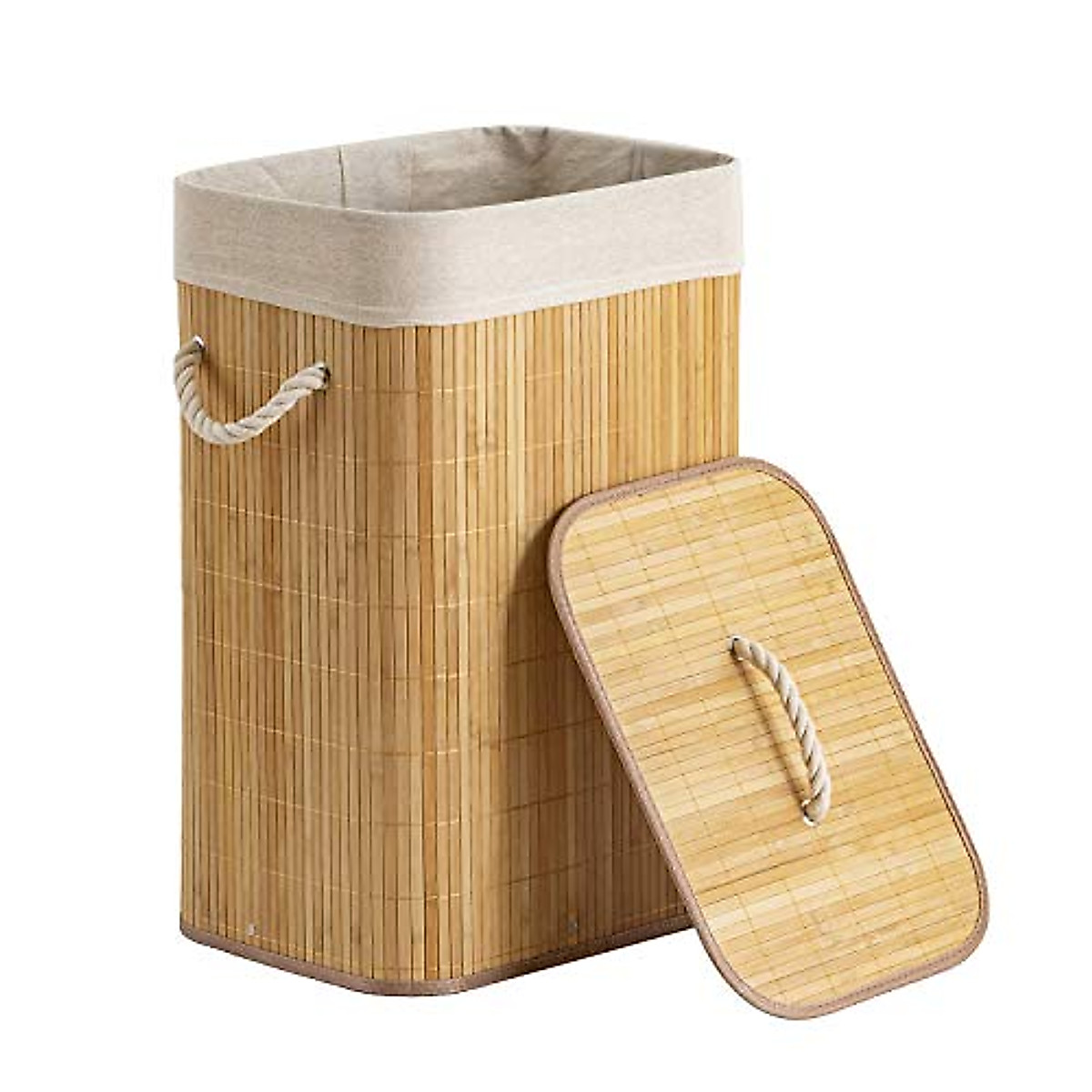 MHKanS Laundry Hamper with Lid Bamboo Dirty Clothes Storage Basket with Rope Handle and Removable Liner Rectangle Laundry Hamper Bin for Bathroom Bedroom Living Room Corner (Style 1)