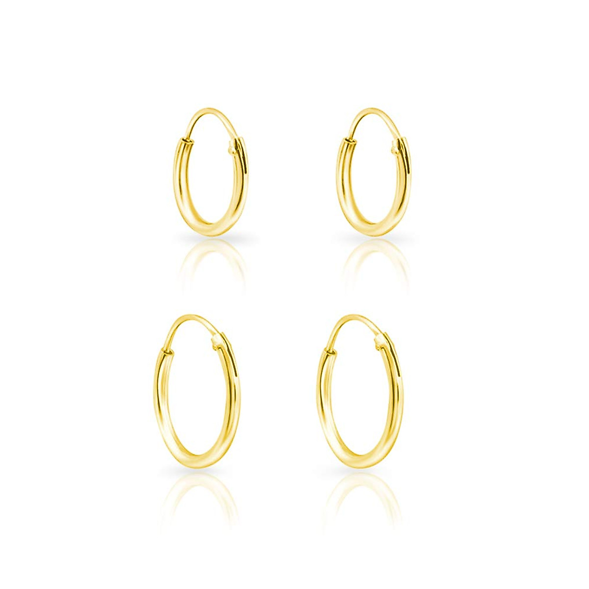 DTPsilver Set of 2 PAIRS of VERY TINY Endless Hoops/Sleepers 925 Sterling Silver 24K Yellow Gold Plated Earrings - Thickness 1.5 mm - Outer Diameter: 10+12 mm