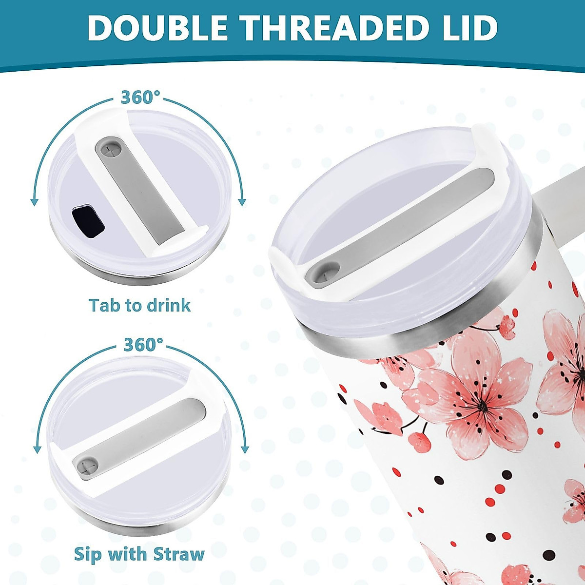 ALAZA Cherry Flowers Dots 40 oz Tumbler Water Bottle with Straw Lid and Handle,Reusable Insulated Stainless Steel Cup for Women Men Travel Car Cup Holder