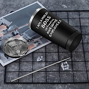 Cosictic I Am A Proud Boss Of Freaking Awesome Employees Travel Tumbler, Funny Birthday Bosses Day Gift for Men Boss Manager Director Leader, 20 Oz Insulated Stainless Steel Tumbler with Lid, Black