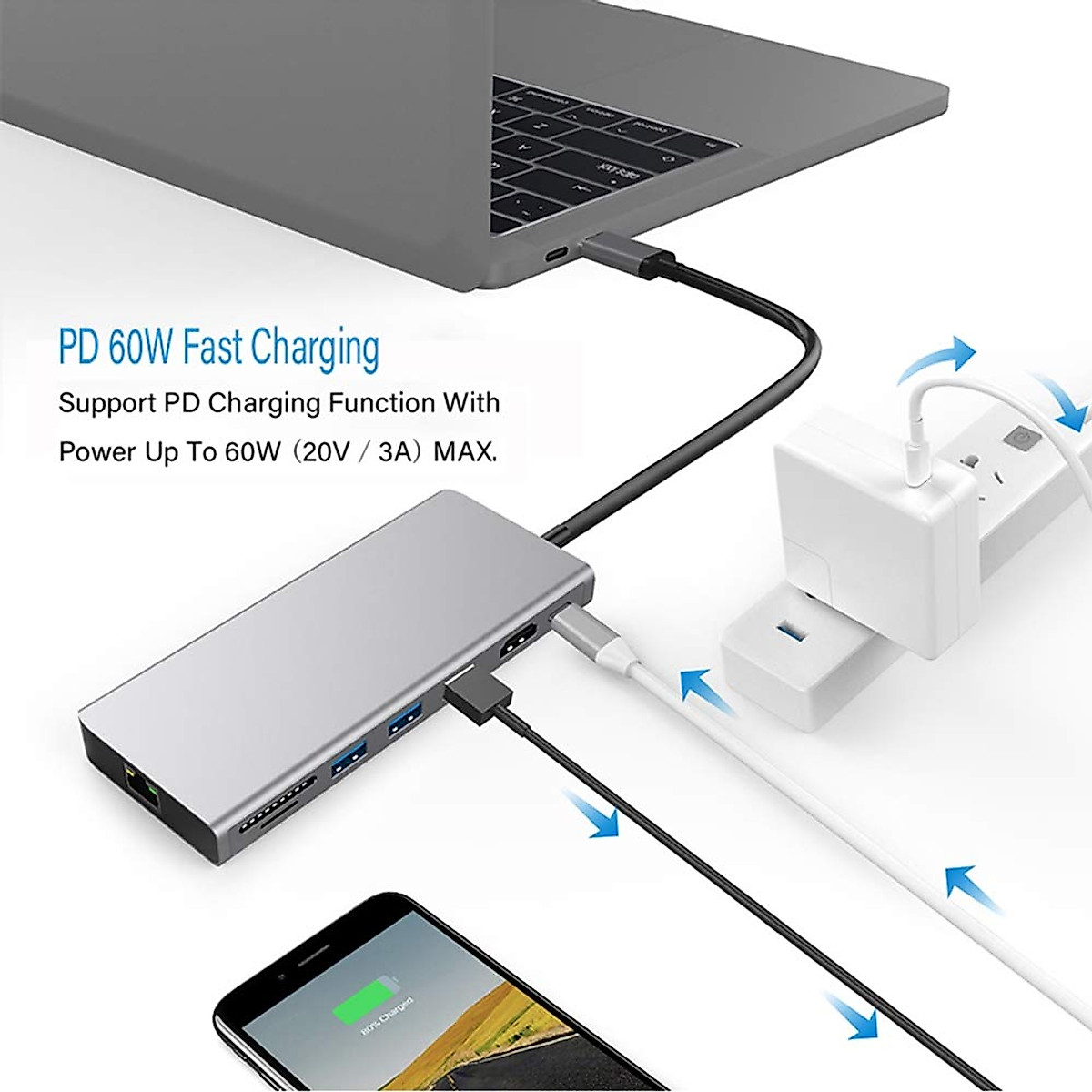 HRYHY USB C Hub, 9-in-1 USB C Adapter with 4K USB C to HDMI,USB C Charging, VGA, 2 USB 3.0, SD/TF Card Reader,Gigabit Ethernet, Compatible for MacBook Pro, XPS More Type C Devices