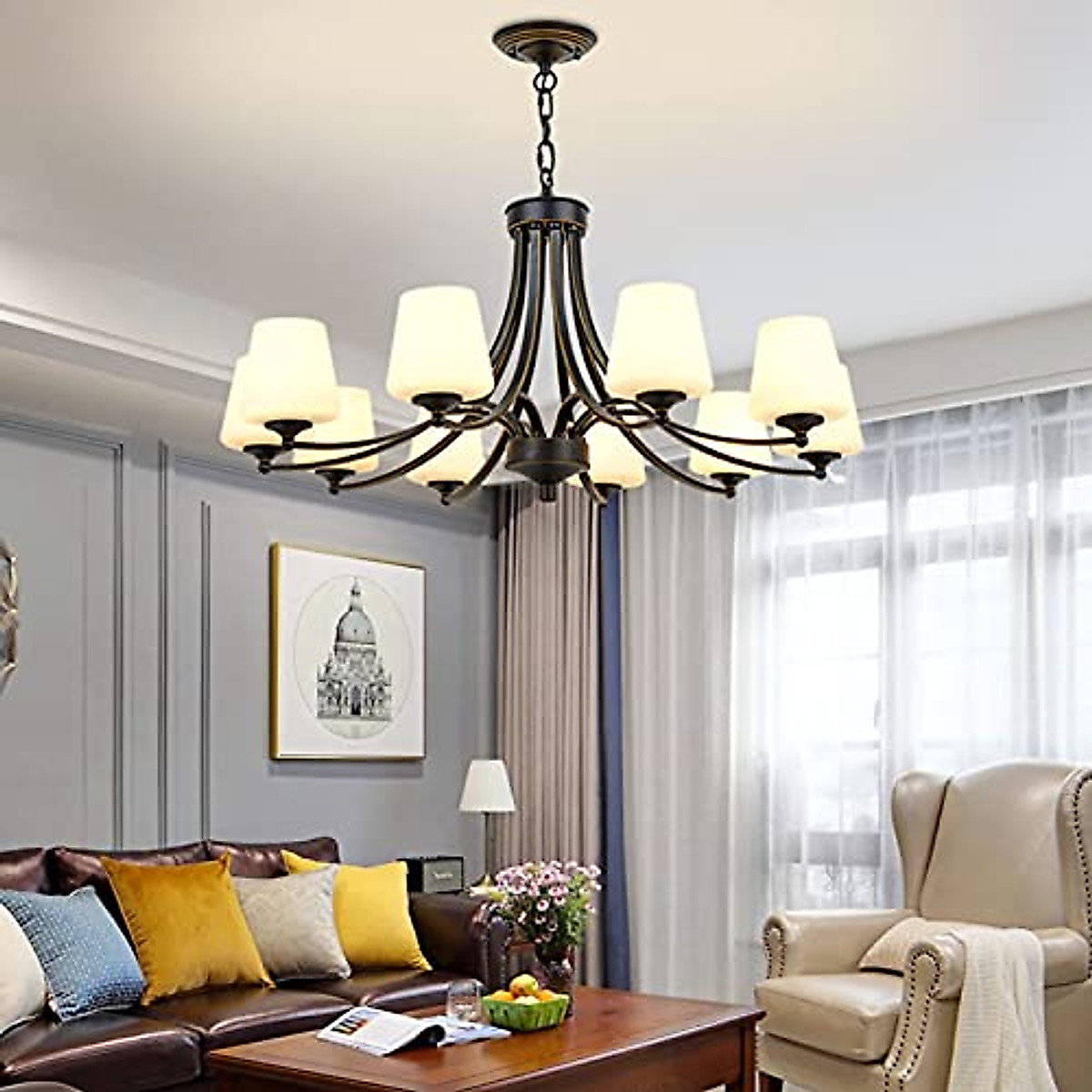 Vintage Black Chandelier Modern Luxury Large Ceiling Lamp 6-Lights Pendant Light Flush Mount Metal Ceiling Light Fixtures for Dining Room Kitchen Entryway-Black Gold 8