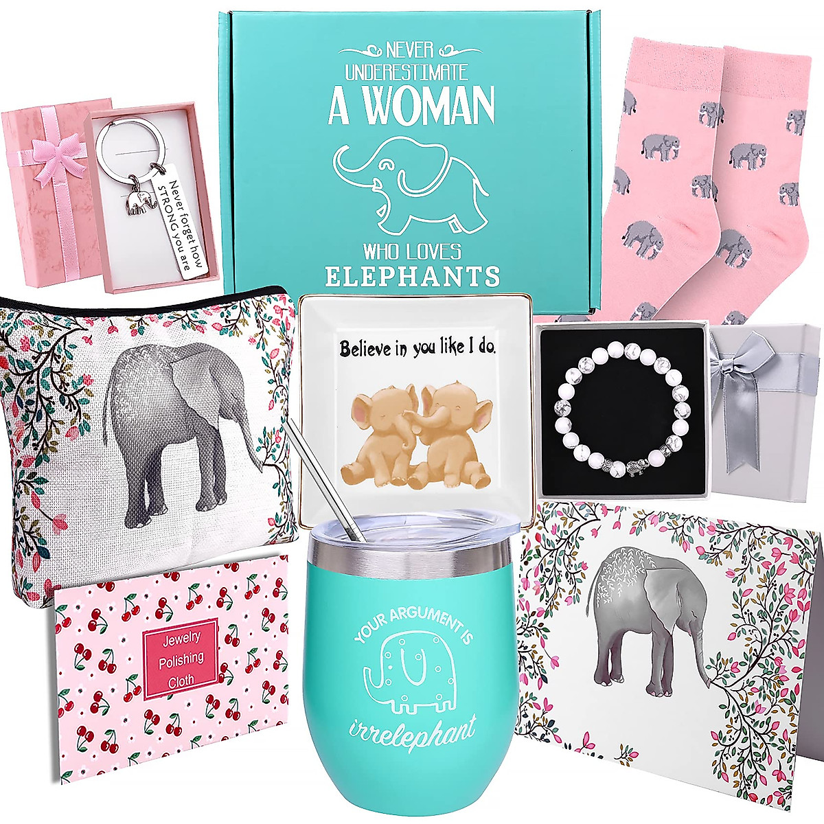 Elephant Gifts for Women, Birthday Gifts for Elephant Lovers, Elephant Gifts for Wedding Thanksgiving Christmas Mother's Day, Funny Wine Tumbler, Elephant Bracelet, Keychain, Jewelry Dish, Bag, Socks