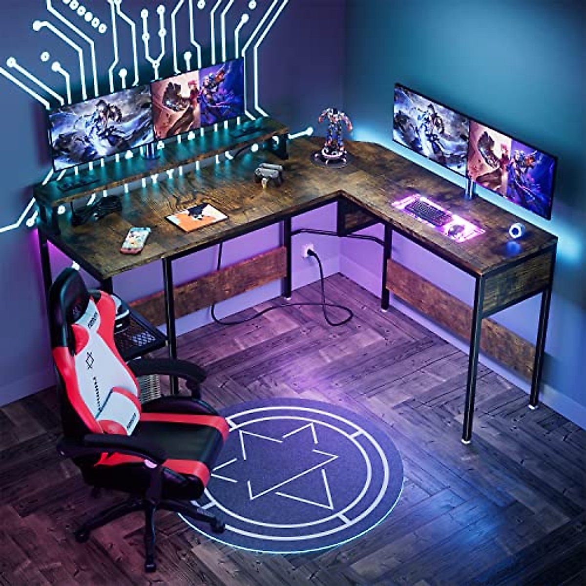 Computer Desk with Power Outlet and Lift Top, 55" L Shaped Gaming Desk, DORPU Corner Desk with Monitor Shelf and USB Port, L Shape Standing Desk Adjustable Sit to Stand Desk with Shelves, Rustic Brown