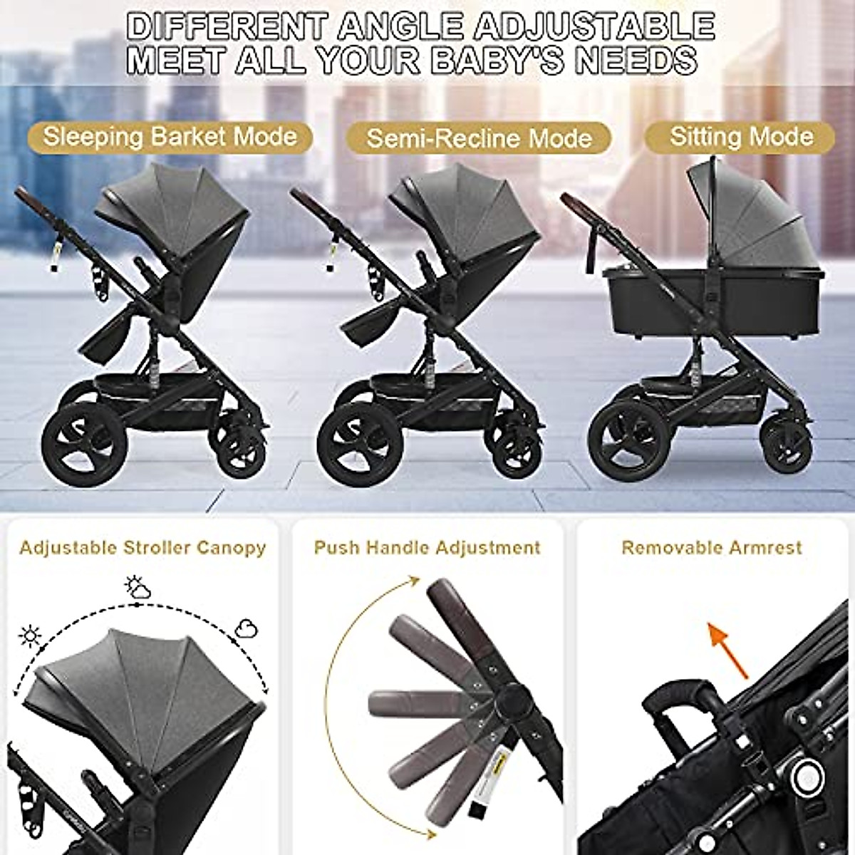 Newborn Infant Toddler Baby Stroller - Strollers with Backrest Adjustable Reversible, 2 in 1 High Landscape Convertible Bassinet Foldable Aluminum Alloy 3D Shock Absorption All Terrain Pram Dark Gray