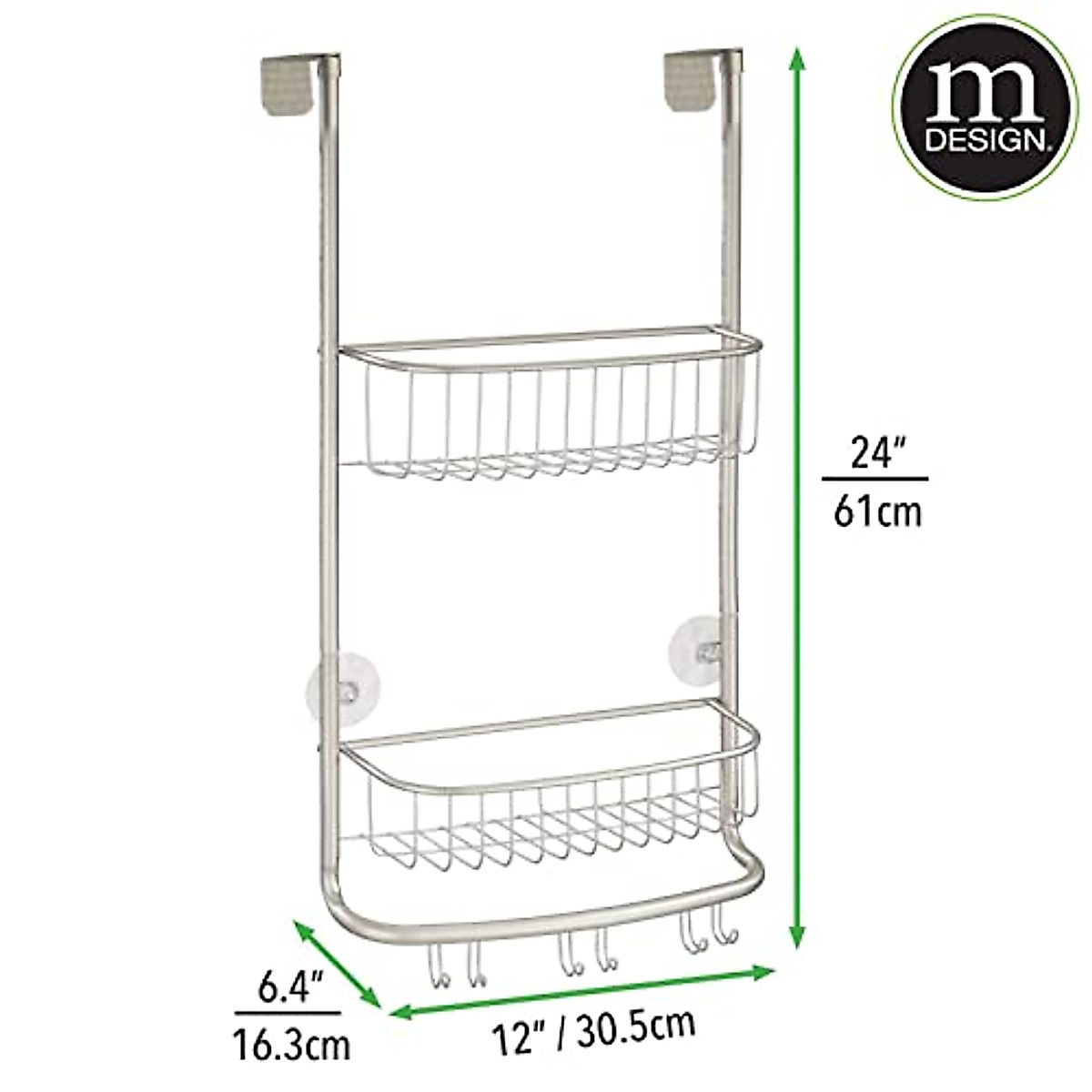 mDesign Stainless Steel Bath/Shower Over Door Caddy, Hanging Storage Organizer 2-Tier Rack with 6 Hooks and 2 Baskets - Holder for Soap, Shampoo, Loofah, Body Wash, Omni Collection, Satin