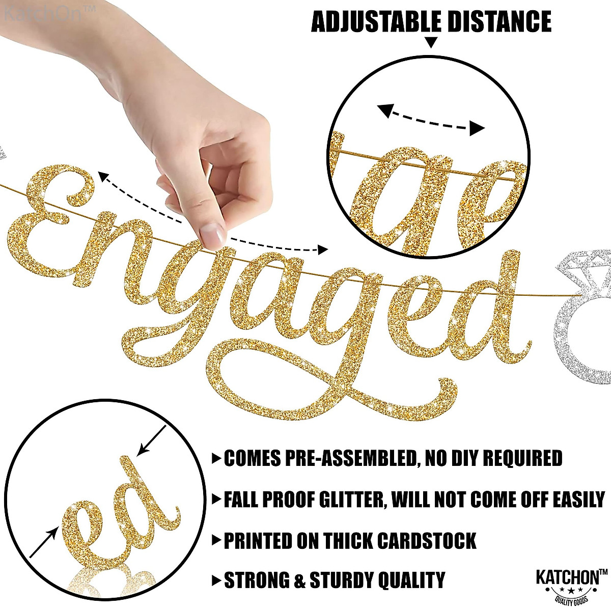 KatchOn, Pre-Strung Gold and Silver Glitter Engaged Banner - 2 String, 10 Feet, No DIY | Engagement Party Decorations | Engagement Banner for Bachelorette Party Decorations, Engagement Decorations