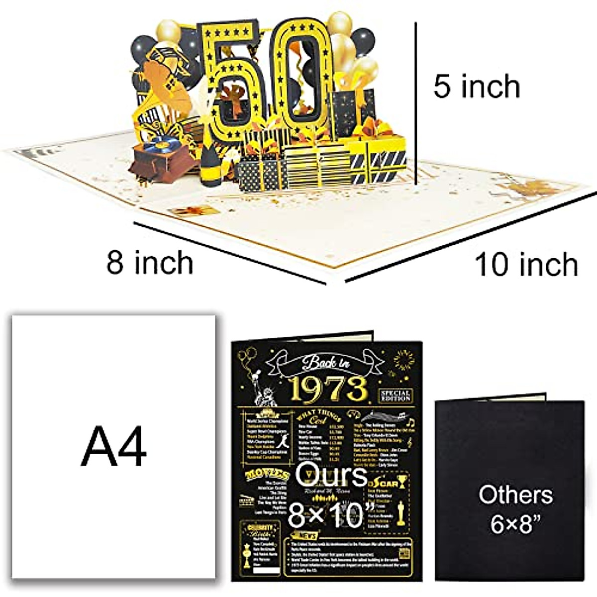 50th Birthday Pop Up Cards for Women or Men, 3D Greeting Card with Gilding Poster Cover, Funny 50th Birthday Gifts Idea for Party Supplies, Unique 50 Year Anniversary For Mom Dad, Back In 1973, Jumbo