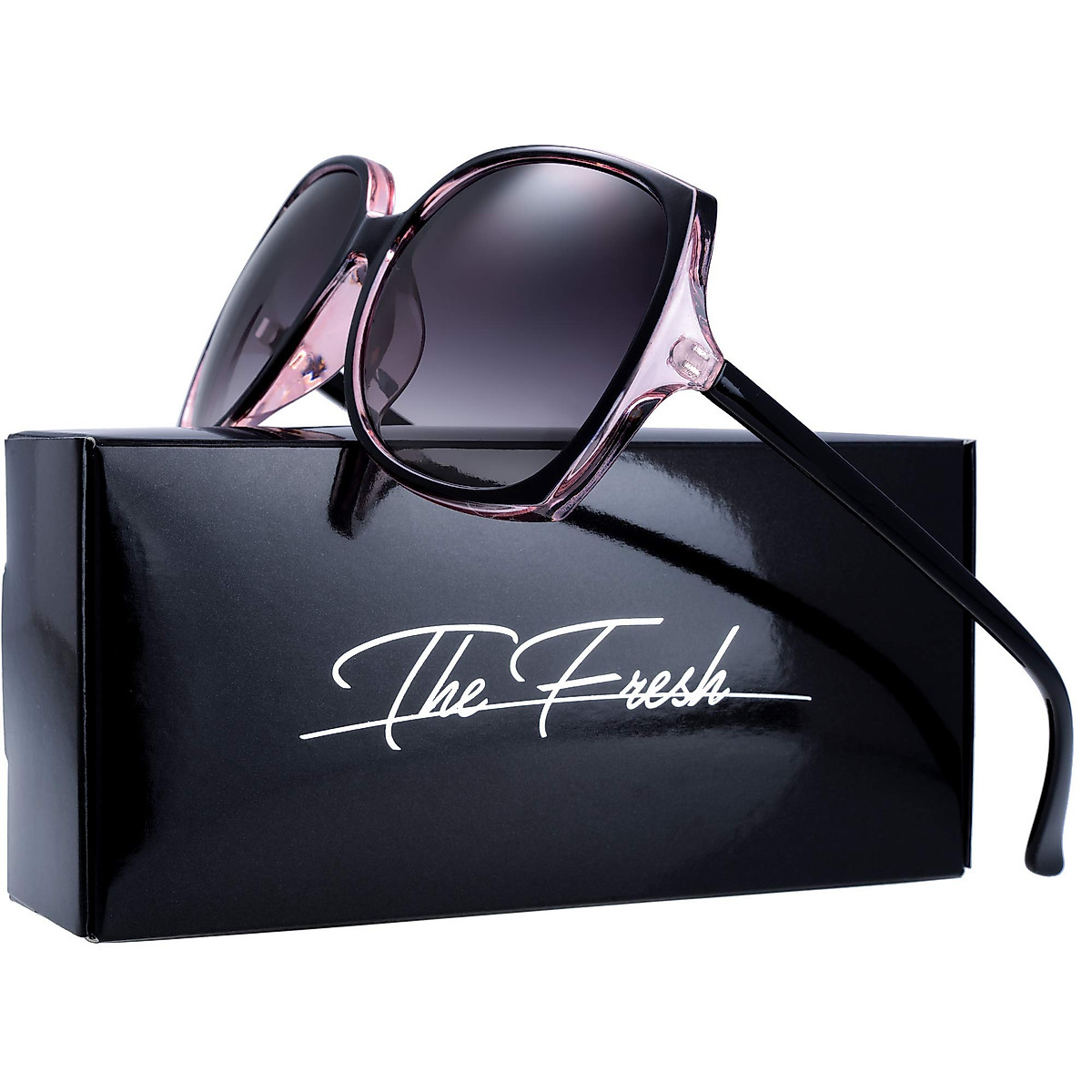 The Fresh Women's Oversized Square Jackie O Cat Eye Hybrid Butterfly Fashion Sunglasses - Exquisite Packaging (727702-Crystal pink/Black paint, Gradient Grey)