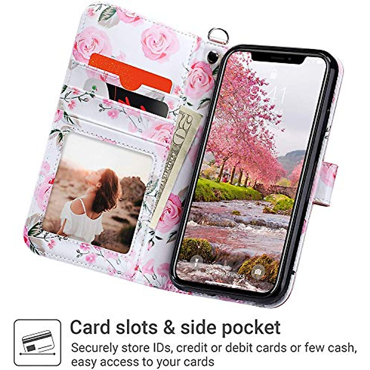 ULAK Compatible with iPhone XR Wallet Case for Women, Premium PU Leather Folio Flip Case with Card Holders Kickstand Wrist Strap, Shockproof Protective Phone Cover for iPhone XR 6.1 inch, Rose Gold