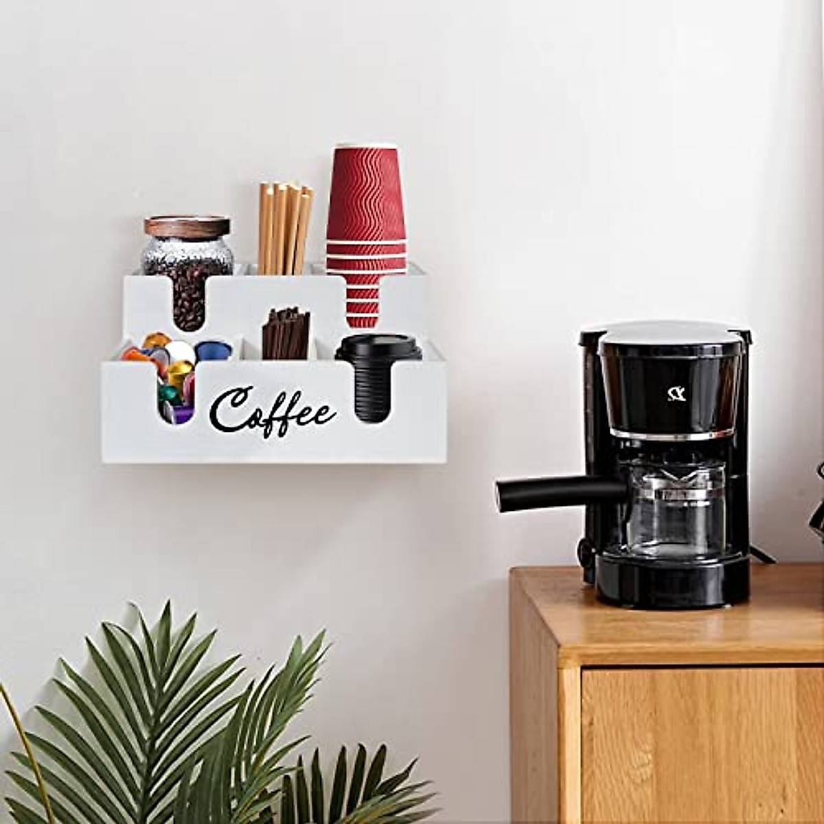 Disposable Coffee Cup Dispenser Lid Holder for Counter, Wood 6 Compartments Coffee Station Organizer for Cup Lid Sleeve Pods Condiment, Paper Cup Dispenser Coffee Bar Accessories Storage Organizer