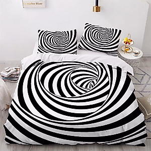Duvet Set Psychedelic Black And White Illusion Lines Swirl Complete Bedding Set Microfiber Printed Design With 2x Pillow Cases(20"x36") Bedding Quilt Cover With Zipper, California King(104"x98")
