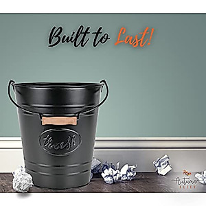 Autumn Alley Farmhouse Bathroom Trash Can - Rustic Black Trash Can Bucket with Wooden Handle for Rustic Bathroom, Farmhouse Kitchen, Country Home Décor, 7 Liters, Matte Black