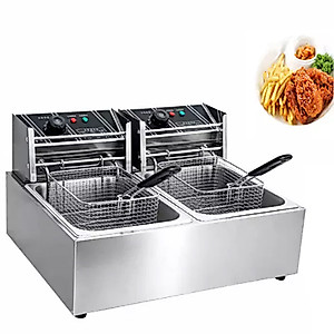 Electric Countertop Deep Fryer, 12 Liter 5000W Commercial Deep Fryer Dual Tank with Basket & Lid, Professional Tabletop Frying Machine, Adjustable Temp Time, for French Fries Turkey Chicken