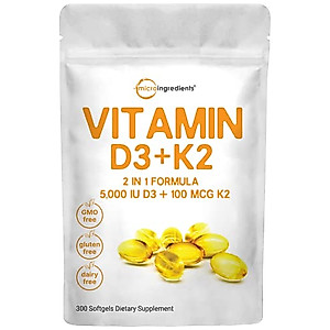 Micro Ingredients Vitamin D3 5000 IU Plus K2 100 mcg, 300 Soft-Gels | 2 in 1 Formula, K2 MK-7 with D3 Vitamin Supplement, Support Immune, Heart, Joint, Teeth & Bone Health - Easy to Swallow