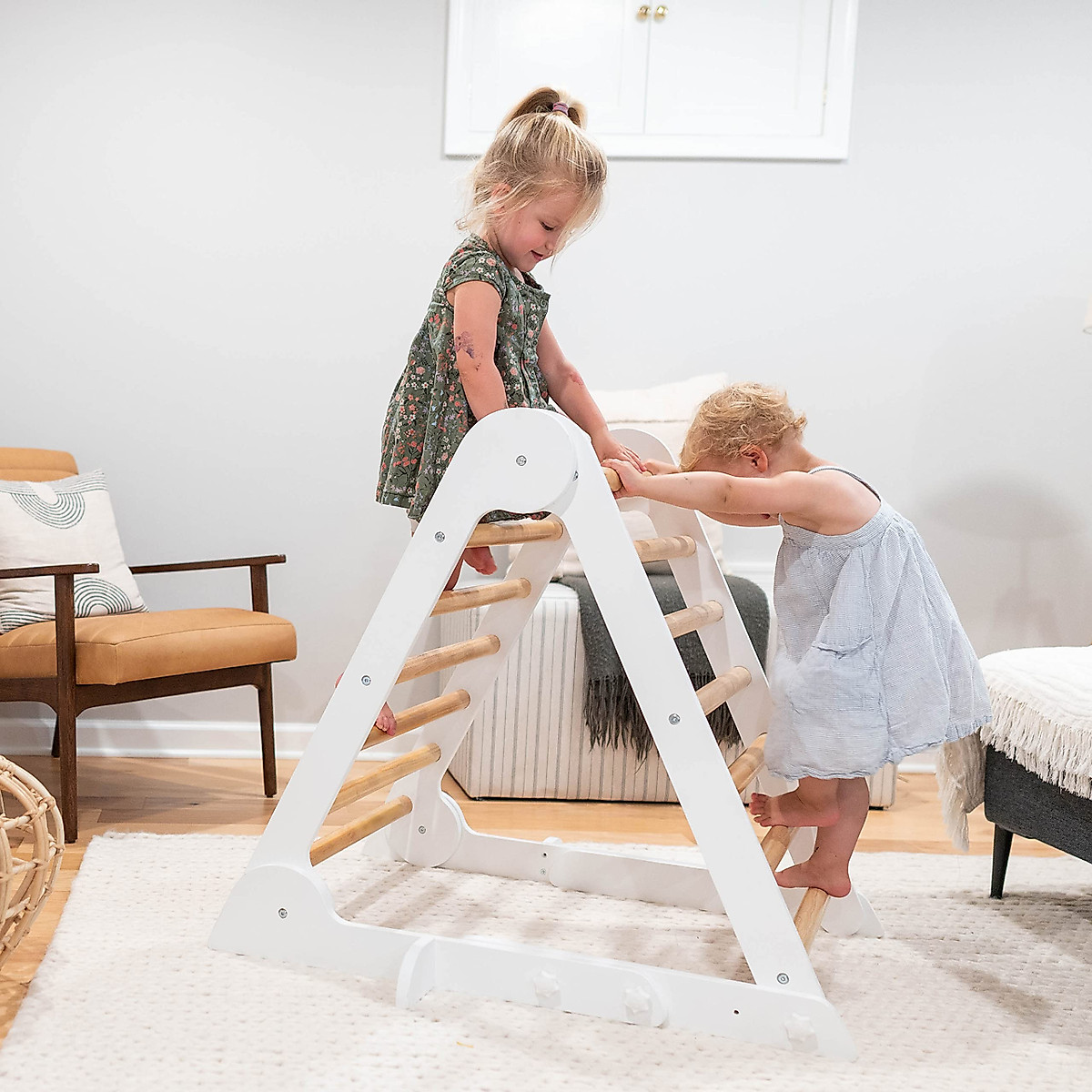 Little Partners Learn 'N Climb Wooden Climbing Triangle Foldable Wood Climbing Gym for Toddlers, Pickler Toddler Style Foldable Climber (Soft White w/Natural, Unassembled)