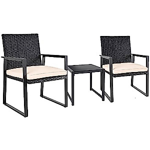 SUNLEI Outdoor 3-Piece Bistro Set Black Wicker Furniture-Two Chairs with Glass Coffee Table (Beige)